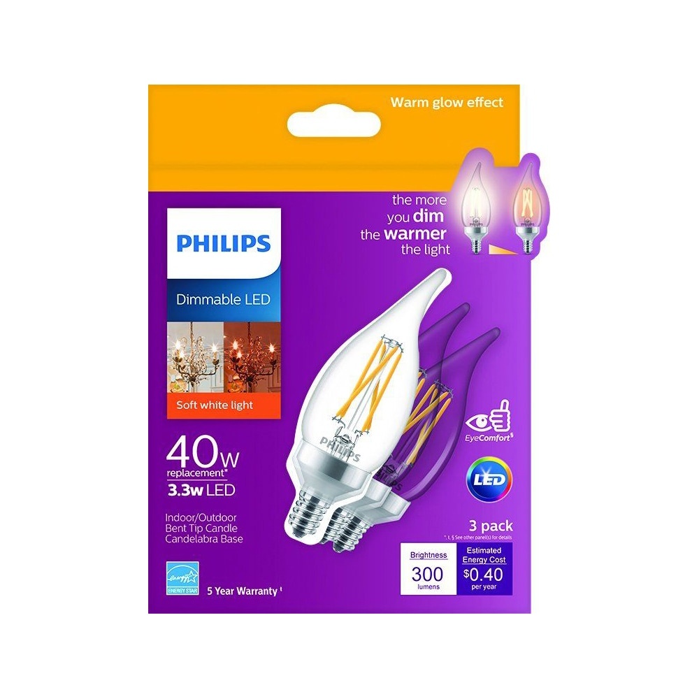 Philips 3.3-Watt (40-Watt) Candelabra Base Bent Tip Candle Led Light ...