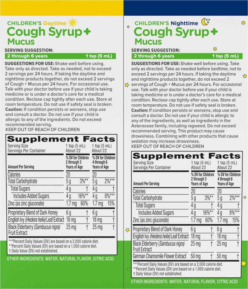 Zarbee's Naturals Kid's Cough + Mucus Day/Night with Honey, Ivy Leaf ...