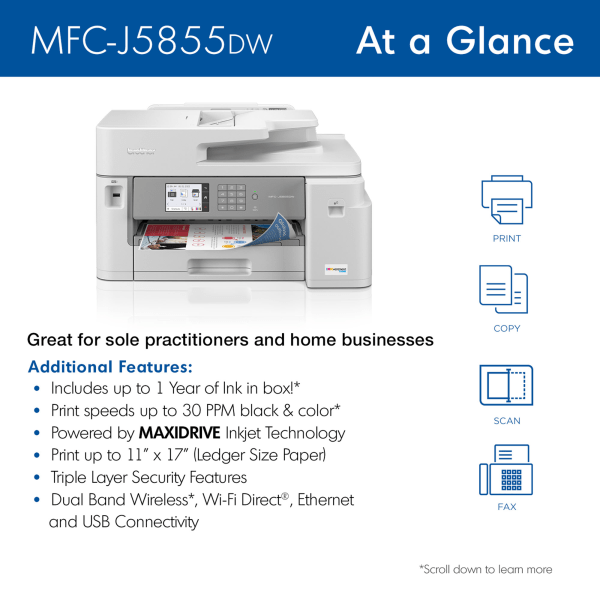 Brother Inkvestment Tank Mfc-J5855Dw Color Inkjet All-In-One Printer ...