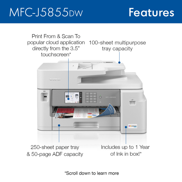Brother Inkvestment Tank Mfc-J5855Dw Color Inkjet All-In-One Printer ...