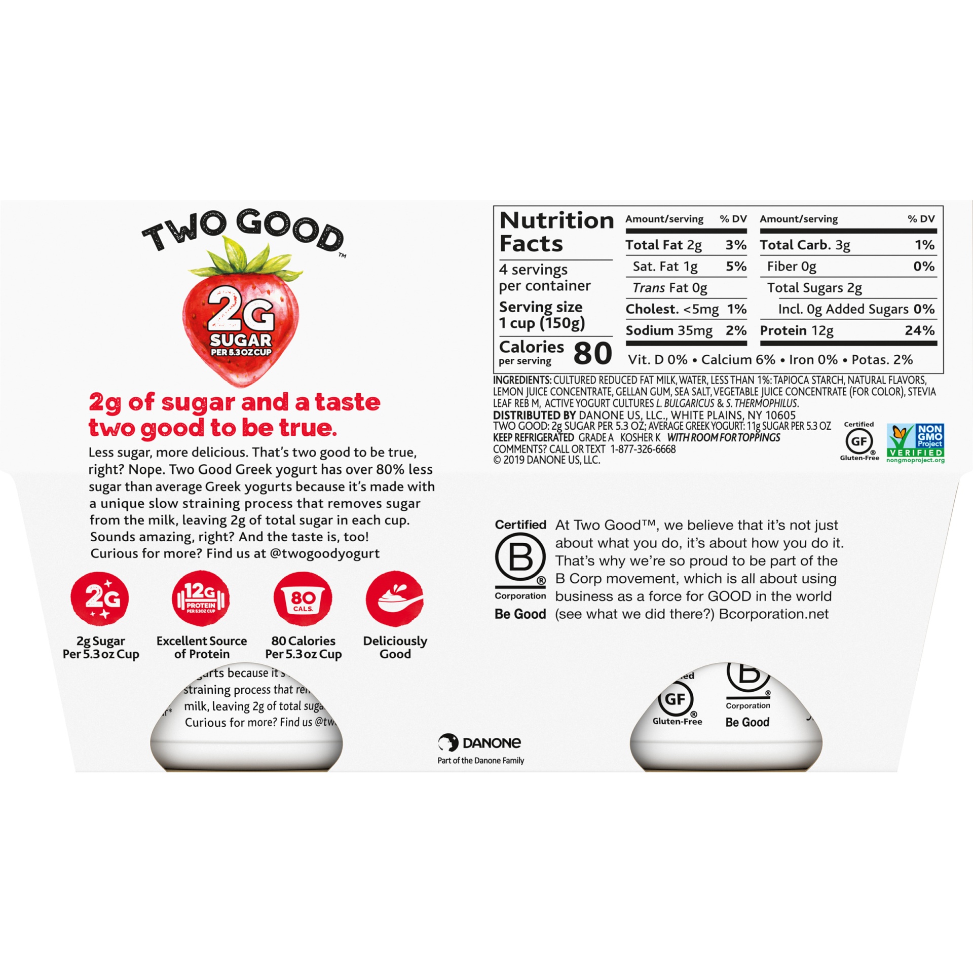 Two Good Low Fat Lower Sugar Strawberry Greek Yogurt - 4ct/5.3oz Cups 4 ...