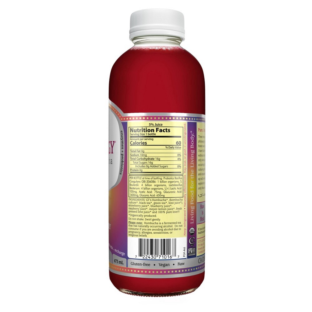GT's Synergy Organic Raw Kombucha Lemon Berry 16 oz | Shipt