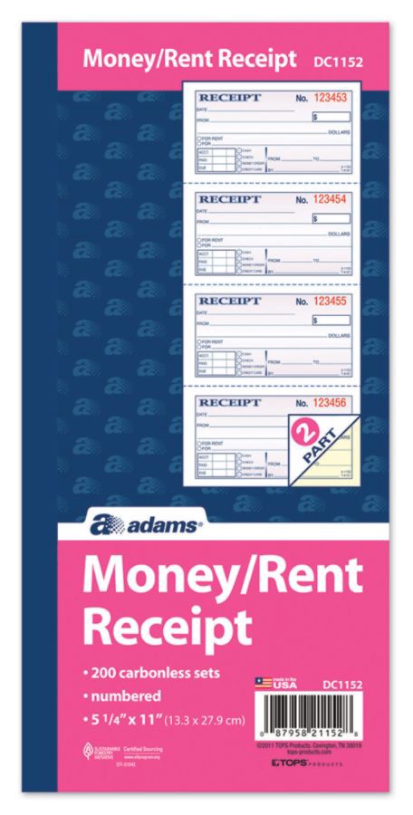 Adams Carbonless 2-Part Money/Rent Receipt Book 200 ct; 5 1/4 in x 11 ...