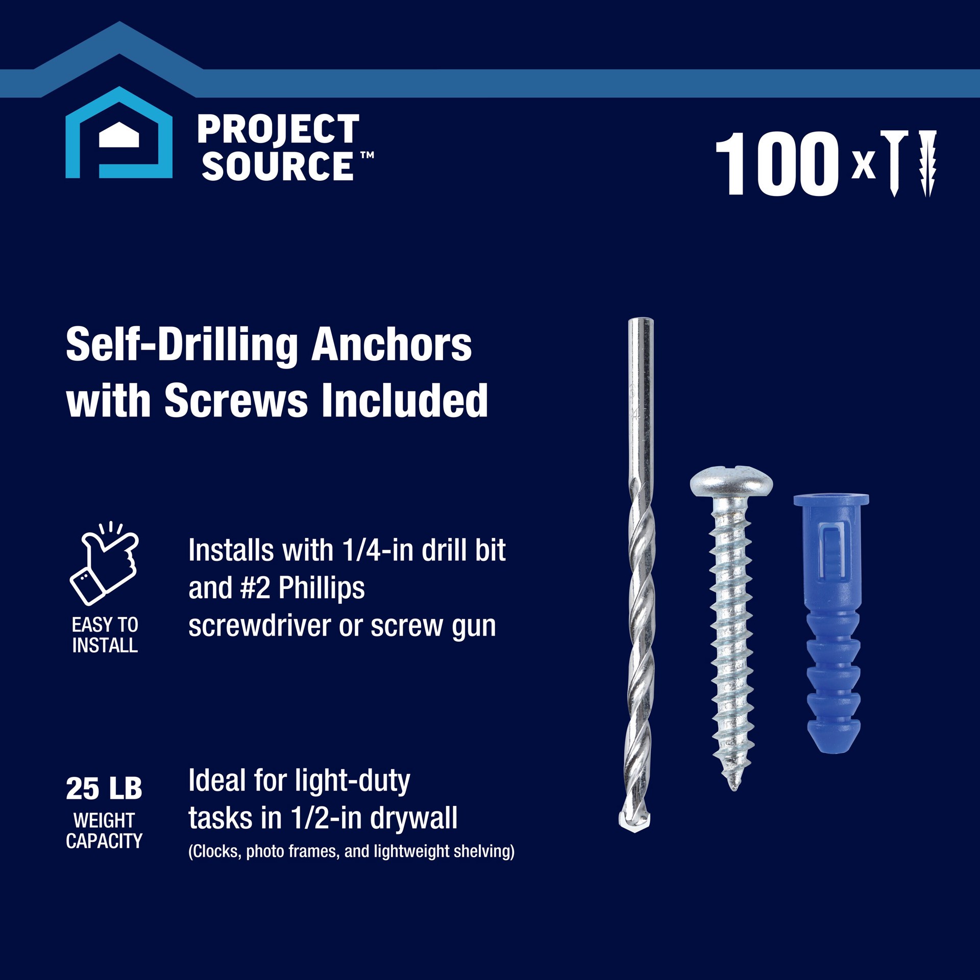 Project Source 25.0-lb 1/4-in x 1-1/4-in Push-In Anchors with Screws ...