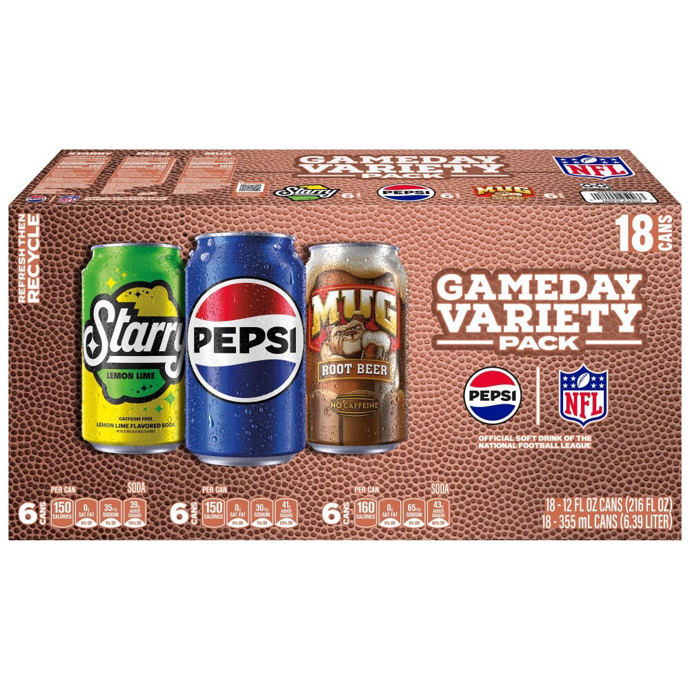 Pepsi Starry and Mug Gameday Variety Pack Soda Cans 18 ct; 12 fl oz | shipt