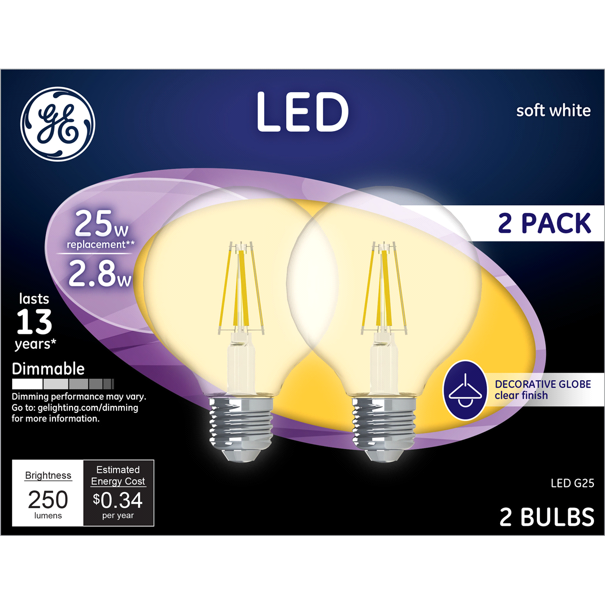 GE Soft White 25W Replacement LED Light Bulbs Decorative Globe Medium ...