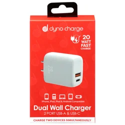 Dyno Charge 2 Port USB-A/USB-C Fast Charge Dual Wall Charger White | Shipt
