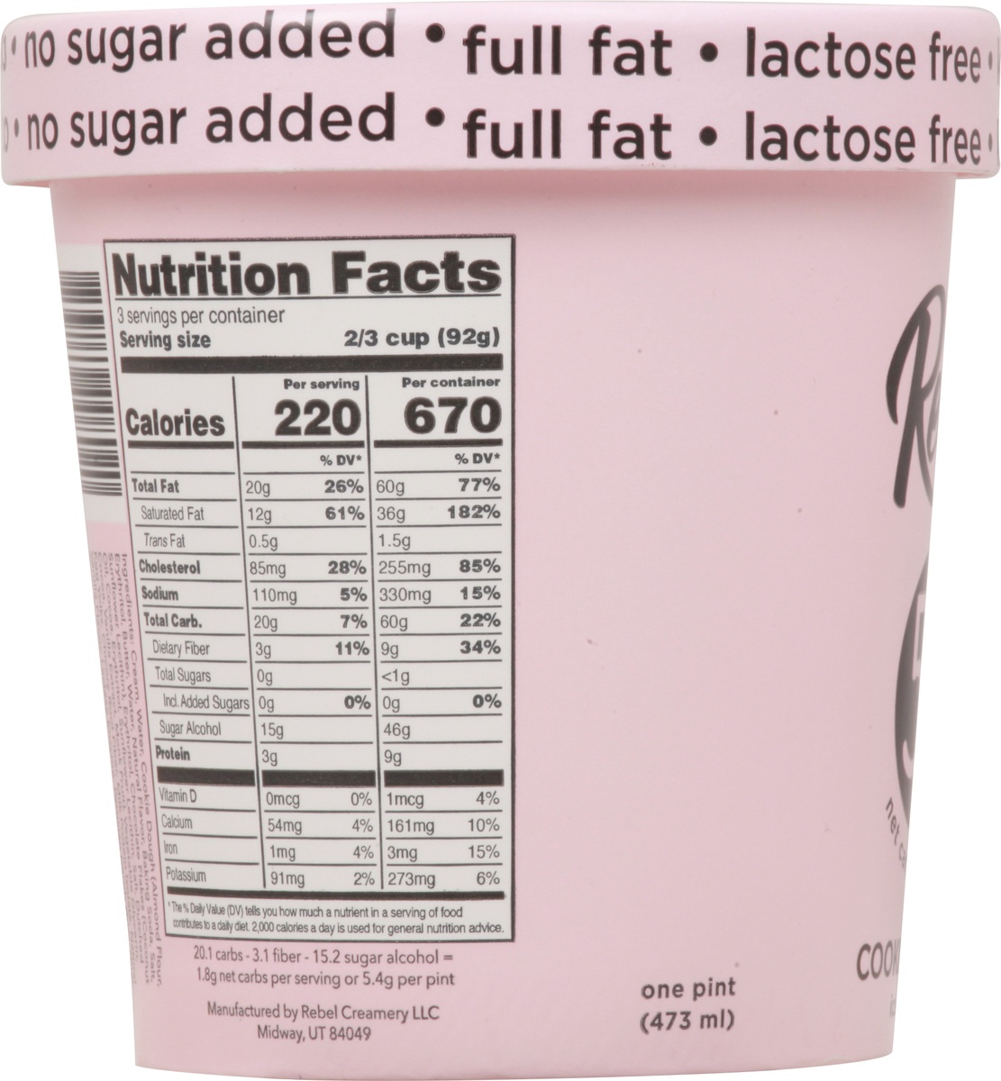 Rebel Creamery Cookie Dough Ice Cream 16 fl oz | Shipt