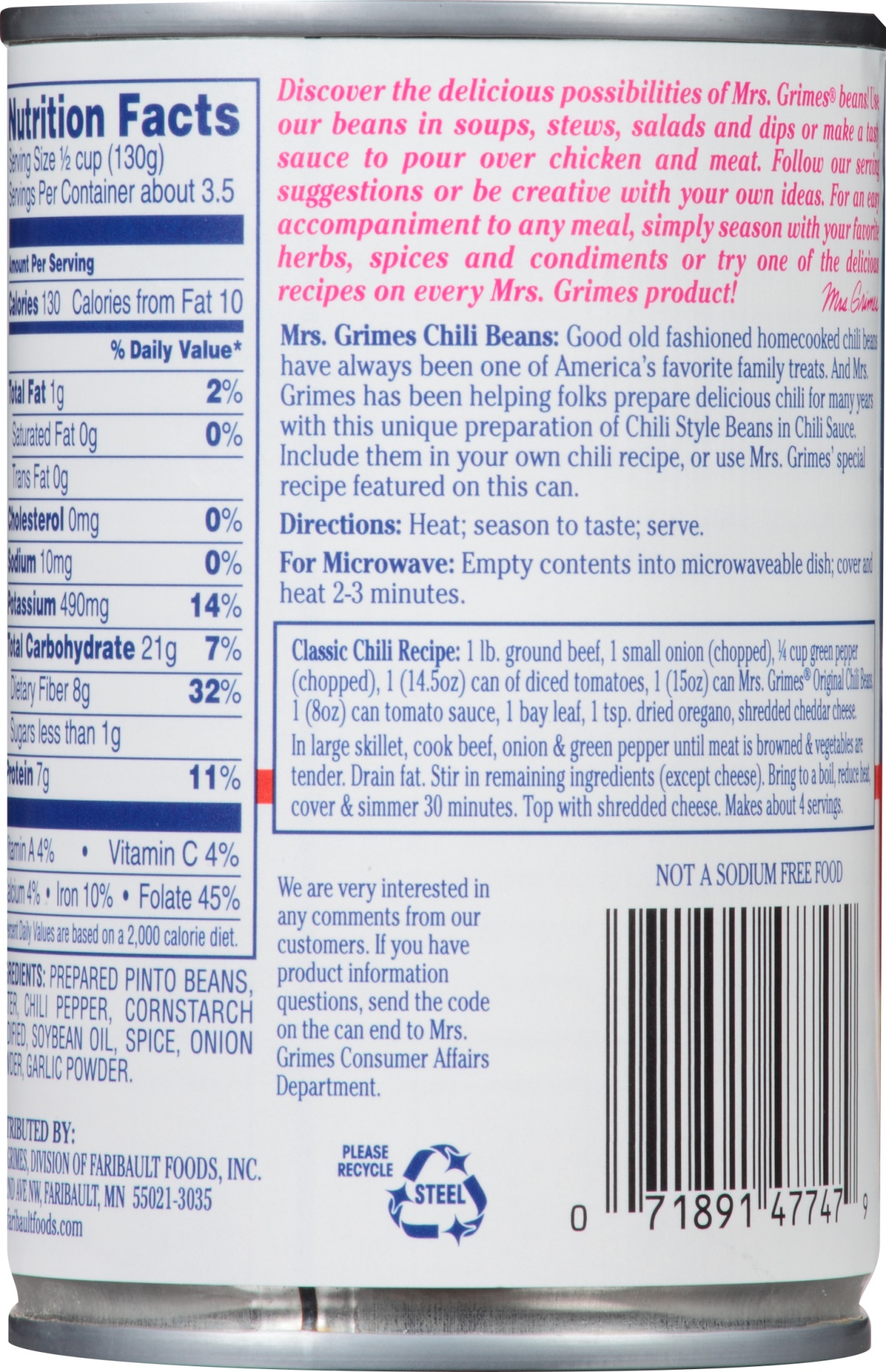 Mrs. Grimes No Salt Added Original Chili Beans 15 oz | Shipt