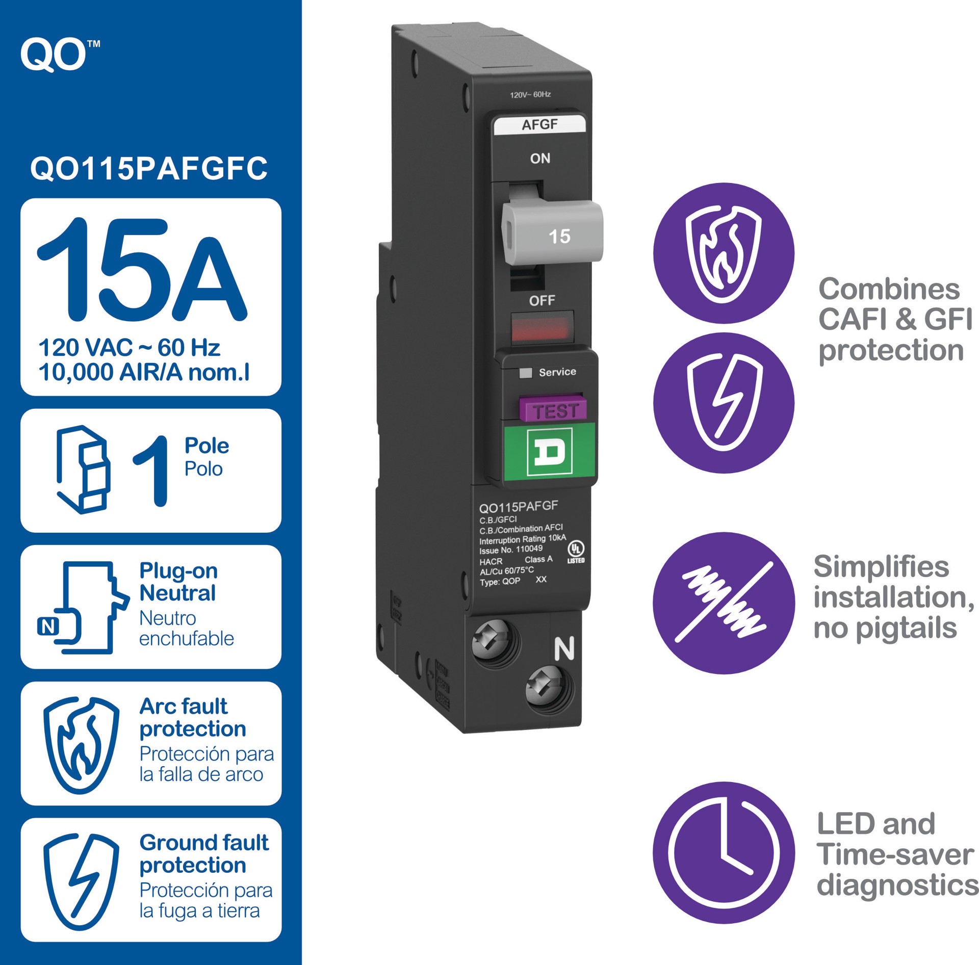 Square D QO 15-amp 1 -Pole Dual function AFCI/GFCI Plug-On Neutral ...