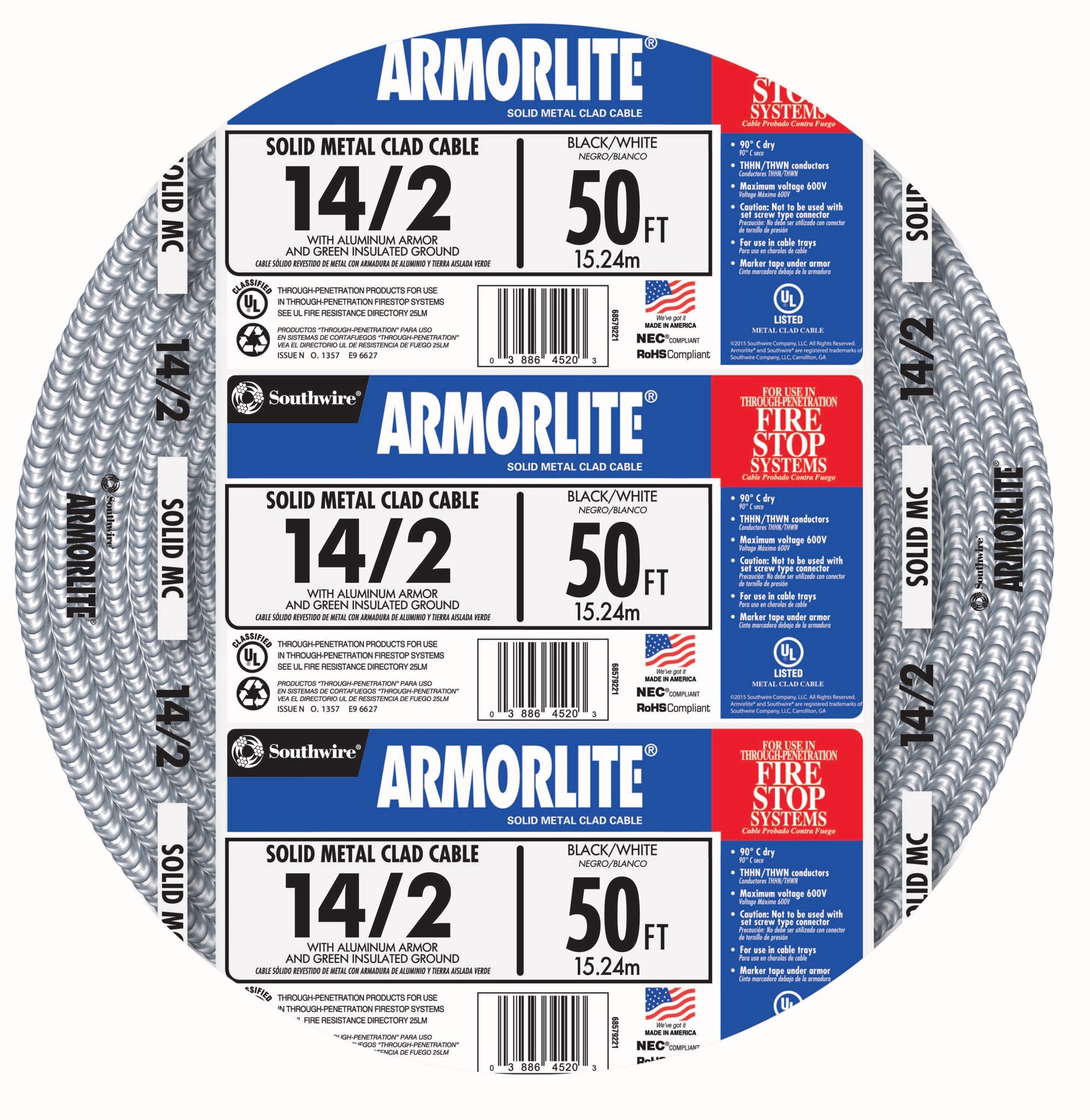 Southwire Armorlite 50-ft 14 / 2 Solid Aluminum MC Cable (Metal Clad) 1 ...