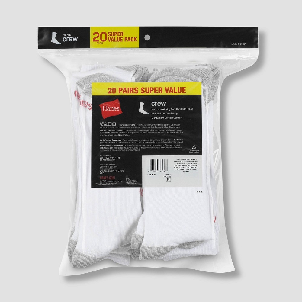 Hanes Men's Lightweight Comfort Super Value Crew Socks 20pk - White ...