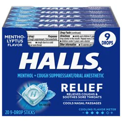 HALLS Relief Mentho-Lyptus Cough Drops, 20 Packs of 9 Drops (180 Total ...