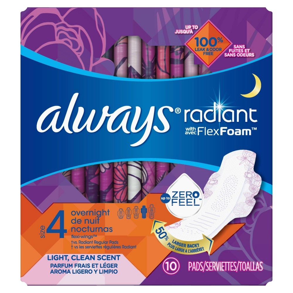Always Radiant FlexFoam Pads for Women, Size 4, Overnight Absorbency ...