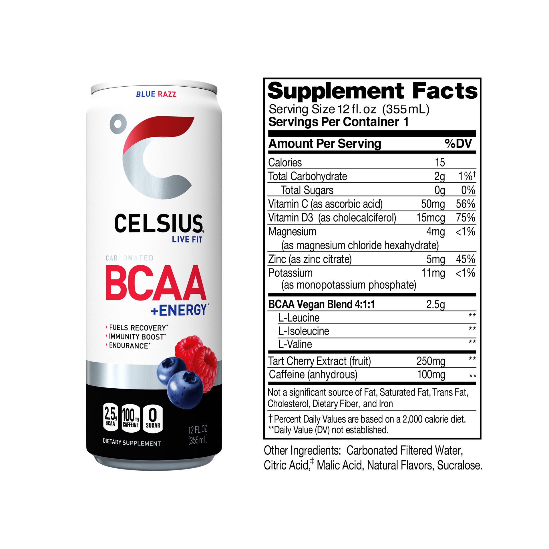 CELSIUS BCAA Sparkling Blue Razz, Functional, Essential Energy Drink 12 ...