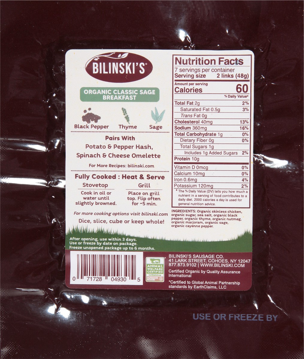 Bilinski's Organic Classic Sage Breakfast Chicken Sausage 12 oz 12 oz ...