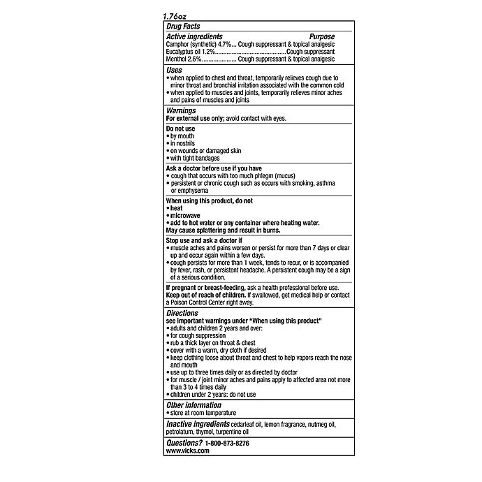 Vicks Vaporub Cough Suppressant Topical AnalGesic Lemon Scent Ointment ...