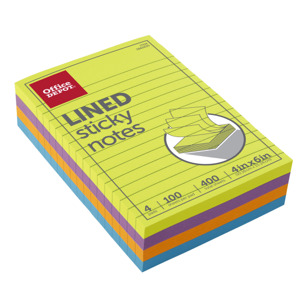 Office Depot Brand Lined Sticky Notes, 4" X 6", Assorted Vivid Colors ...