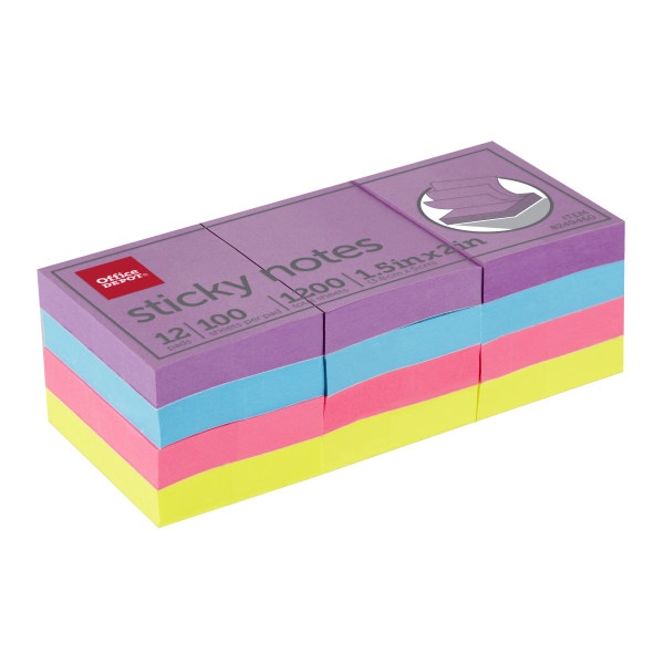 Office Depot Brand Sticky Notes, 1-1/2" X 2", Assorted Vivid Colors ...