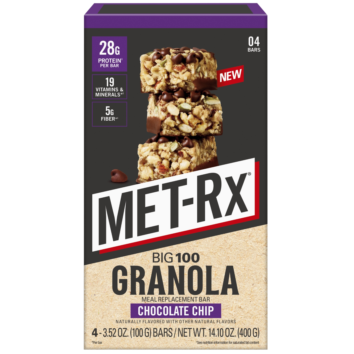 MET RX Met-Rx Big 100 Meal Replacement Bar, Granola Chocolate Chip, 4 ...