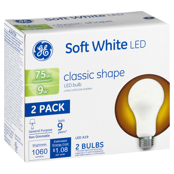GE Led Soft White Classic Shape Light Bulb 75W 2 ct | Shipt