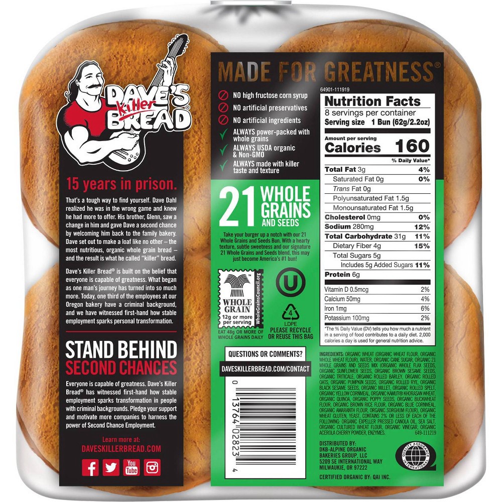Dave's Killer Bread® 21 Whole Grains & Seeds Burger Buns, Organic ...