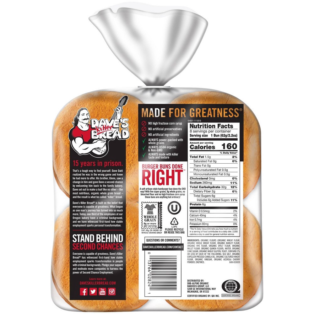 Dave's Killer Bread Done Right Organic Burger Buns 8 ea 1 ct | Shipt