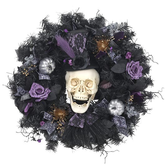 24" Skull With Purple & Black Roses Wreath By Ashland 24 in | shipt