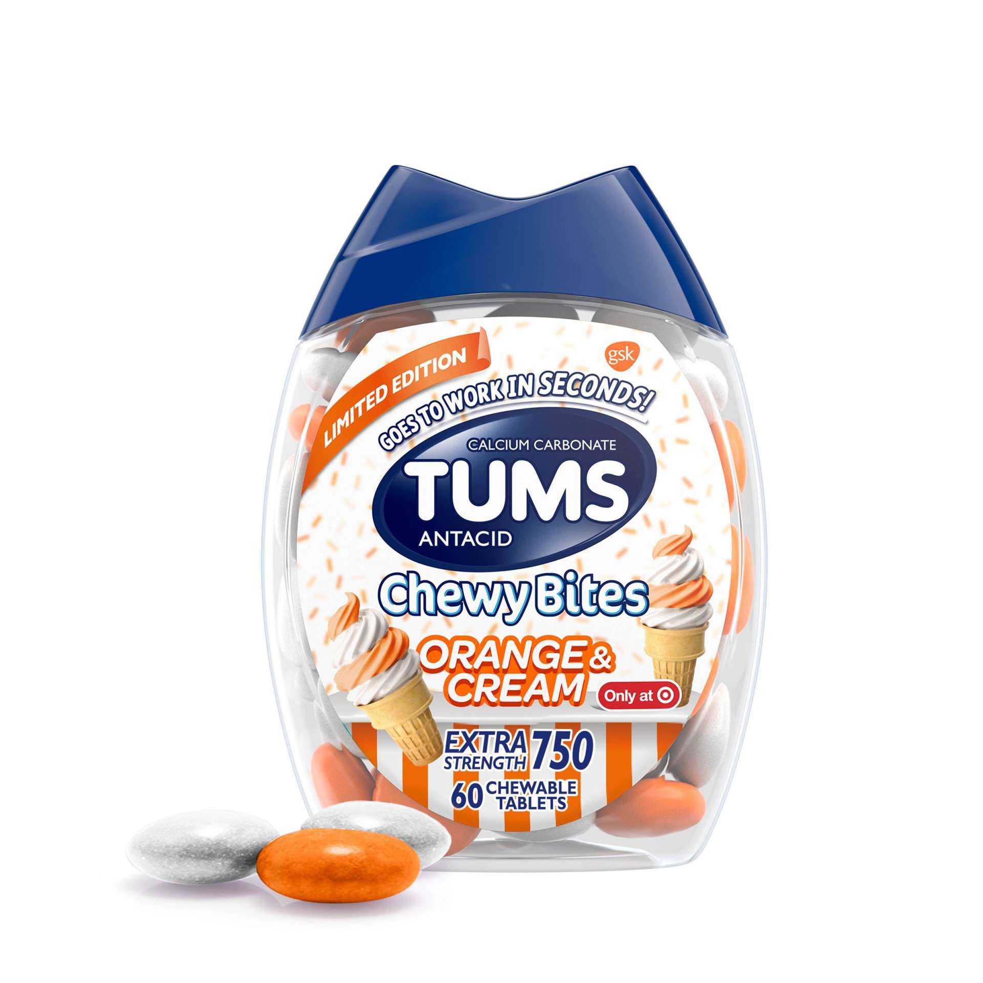 Tums Chewy Bites Orange and Cream Extra Strength Chewable Antacid for ...