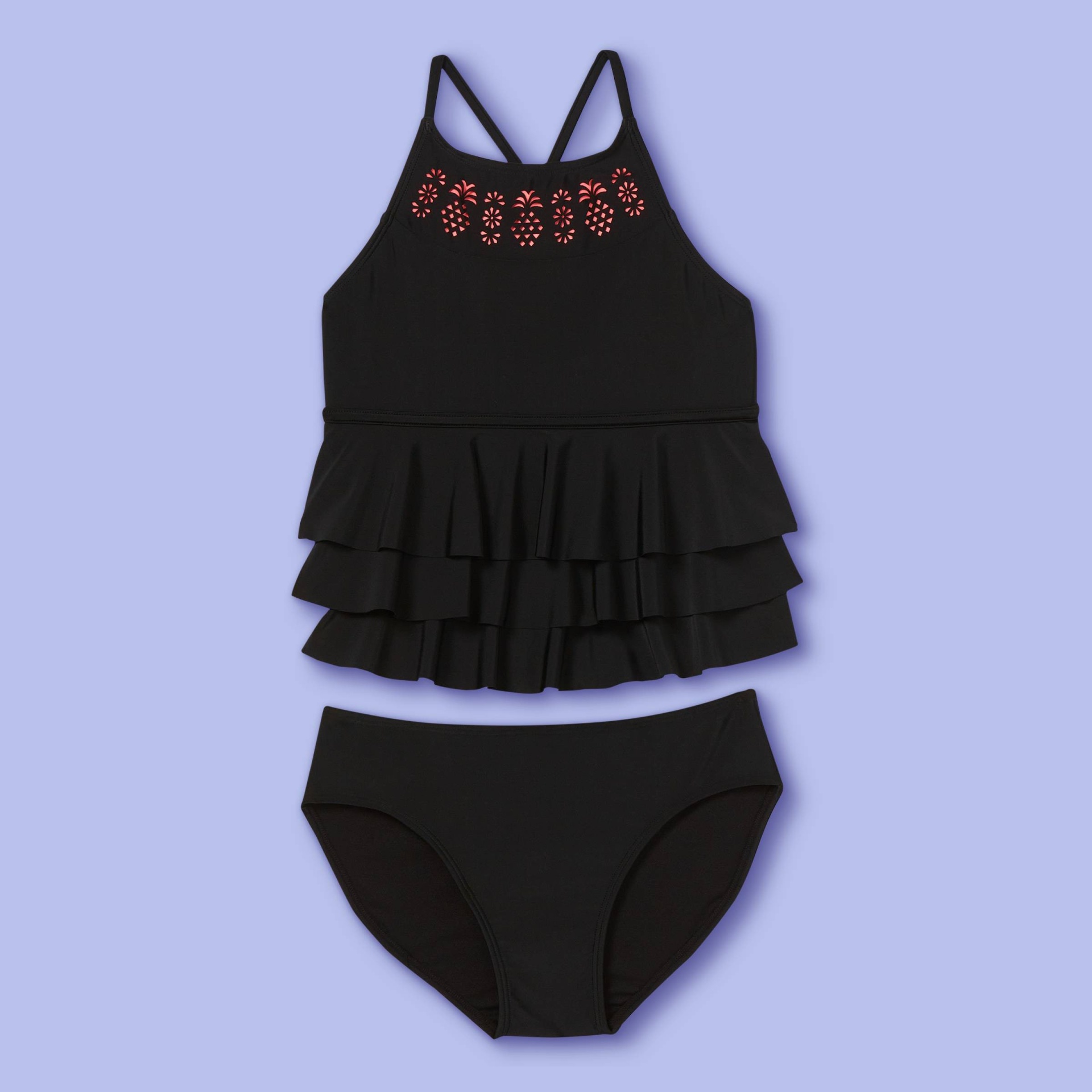 Girls' Laser Cut Tiered Ruffle Tankini Set - More Than Magic Black S 1 ...