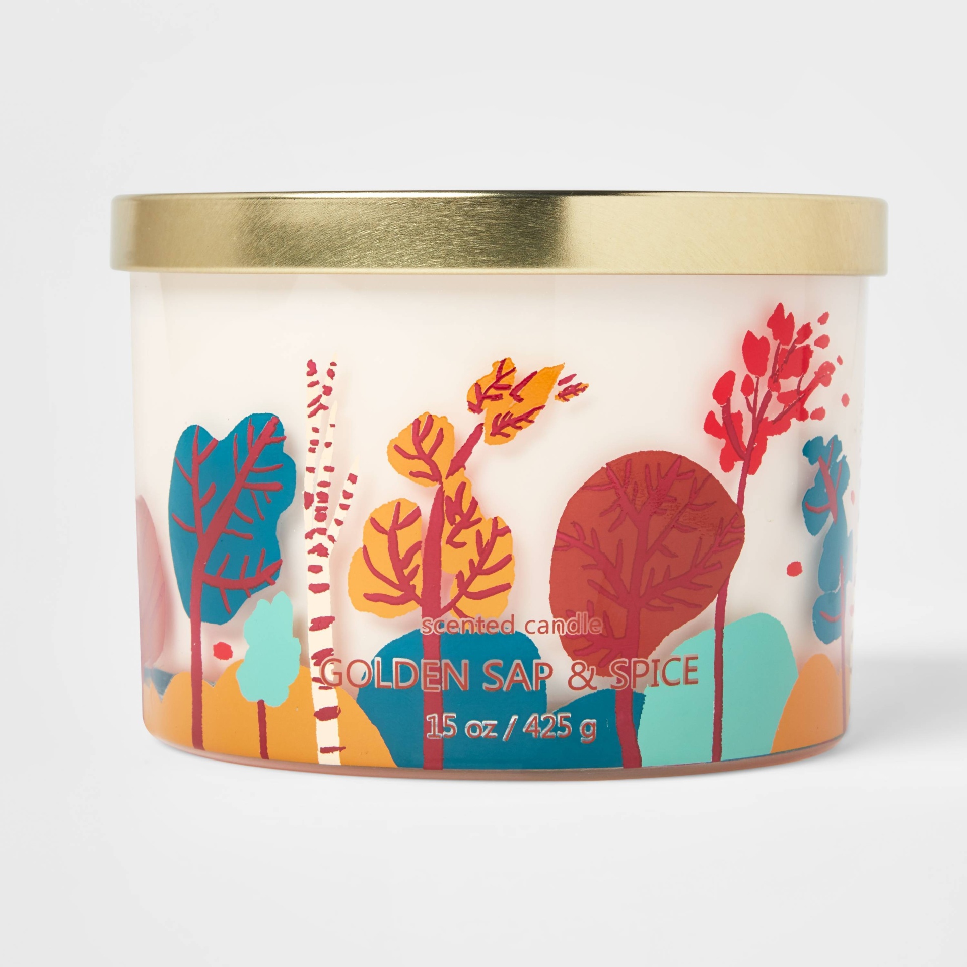 Lidded Glass Jar Tree Print 3-Wick Golden Sap and Spice Candle ...