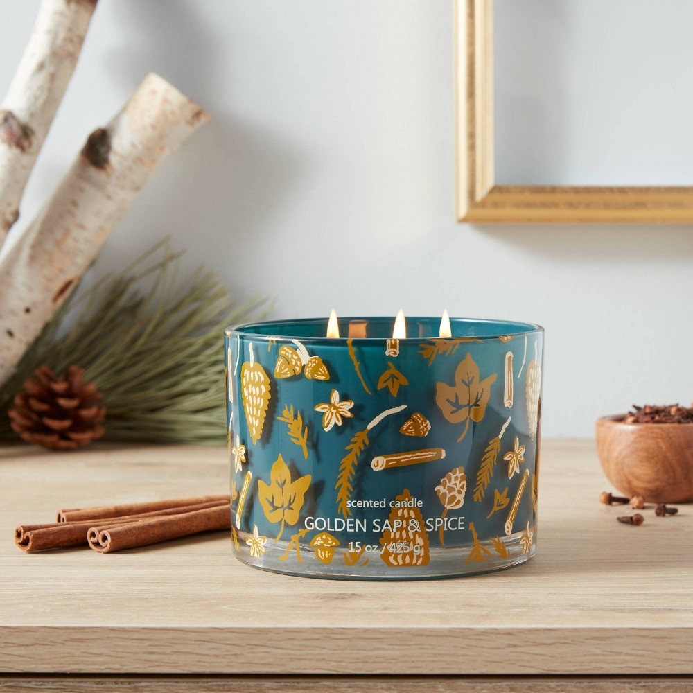 Lidded Glass Jar Leaf and Spice Print 3-Wick Golden Sap and Spice ...