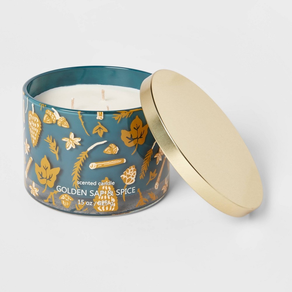 Lidded Glass Jar Leaf and Spice Print 3-Wick Golden Sap and Spice ...