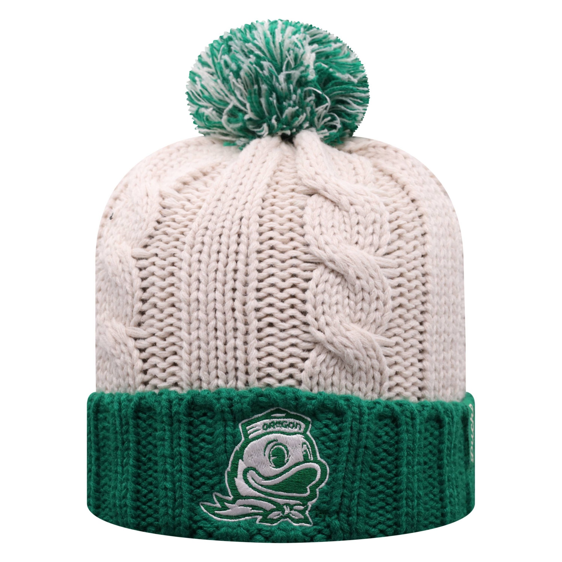 NCAA Oregon Ducks Women's Natural Cable Knit Cuffed Beanie with Pom 1 ...