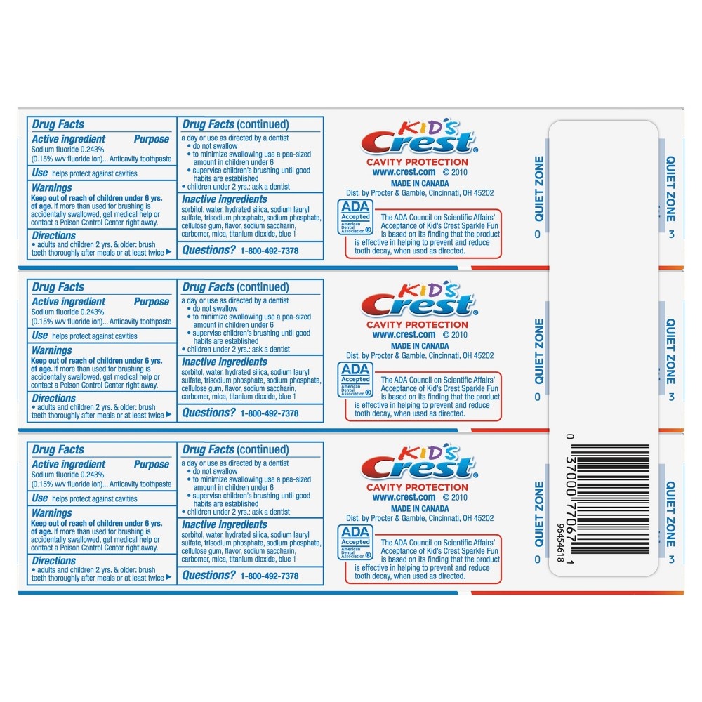 Crest Kid's Cavity Protection Sparkle Fun Flavor Toothpaste 3 x 4.6 oz ...