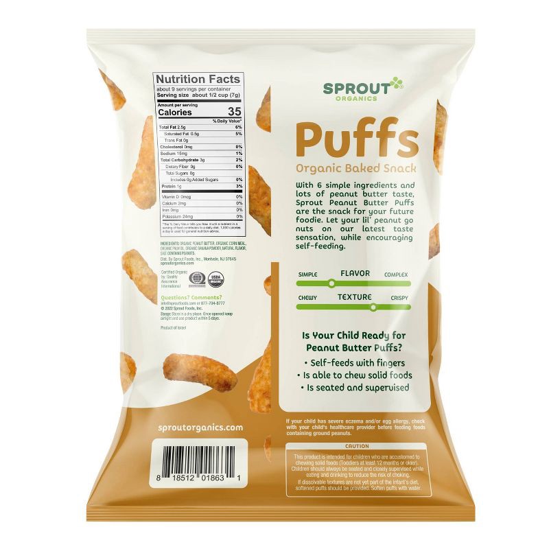 Sprout Foods Organic Peanut Butter Banana Puffs Toddler Snacks - 2.12oz ...