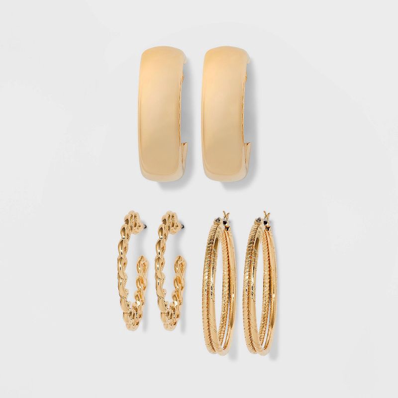 Frozen Chain and Chunky Hoop Trio Earring Set 3pc - Wild Fable™ Gold ...