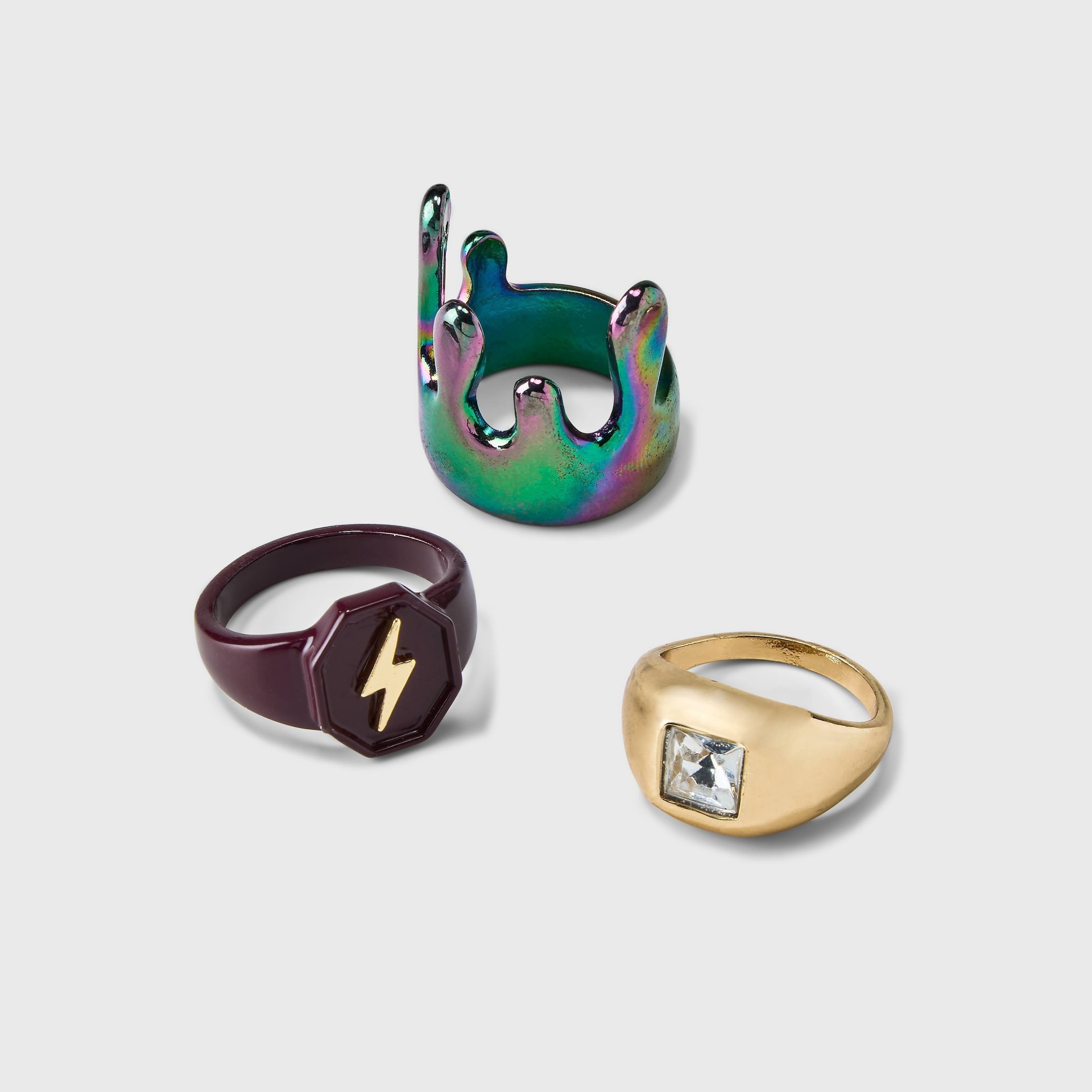 Anodized Paint Drip and Lightning Bolt Signet Ring Set 3pc - Wild Fable ...
