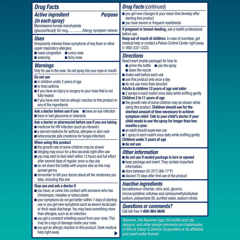 Nasonex 24HR Non Drowsy Mometasone Furoate Allergy Medicine Nasal Spray ...