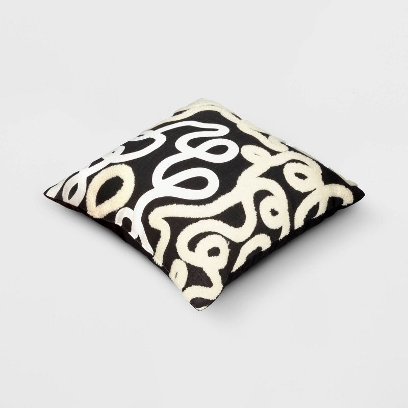 Squiggle Pattern Embroidered Cotton Square Throw Pillow Black/Ivory ...