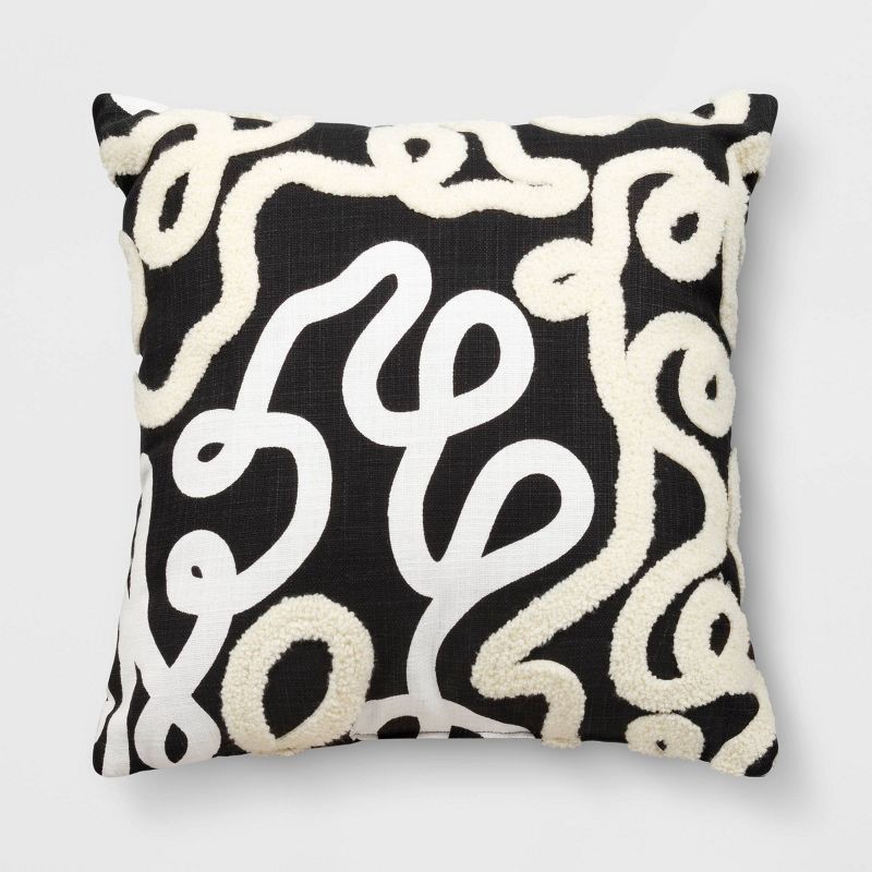 Squiggle Pattern Embroidered Cotton Square Throw Pillow Black/Ivory ...