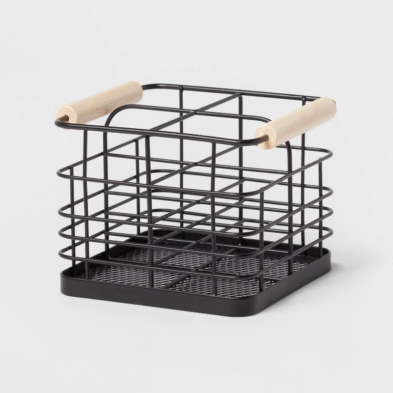 Divided Wire Caddy Basket with Wood Handle Black - Brightroom 1 ct | Shipt