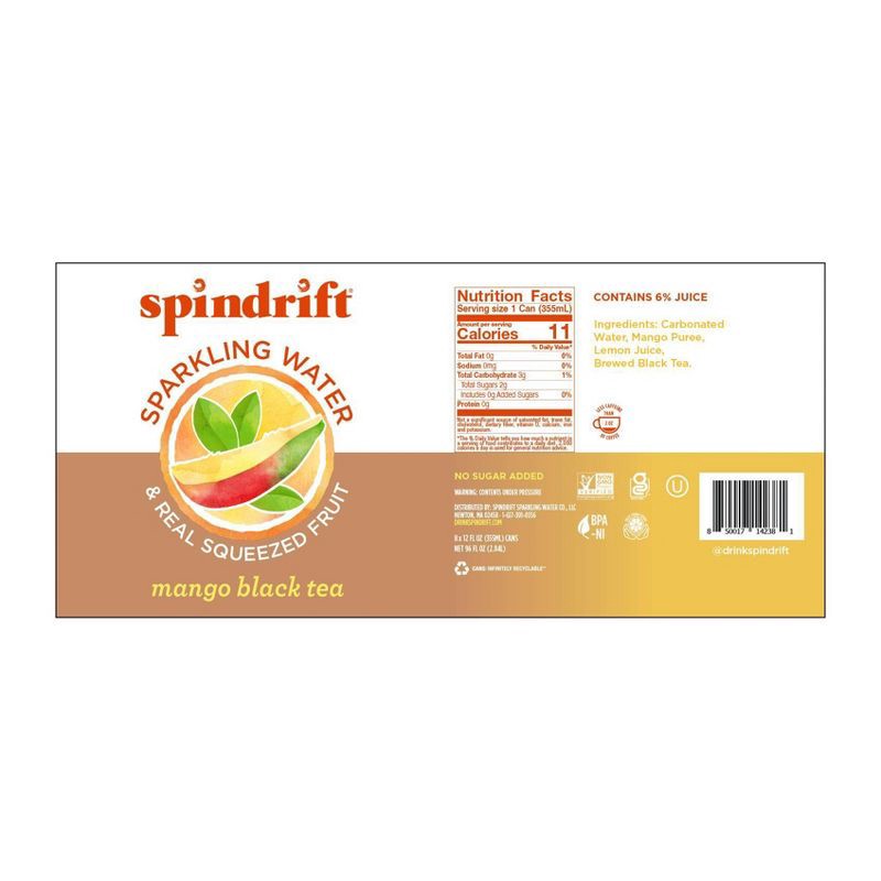 Spindrift Mango Black Tea Sparkling Water - 8pk/12 fl oz Cans 8 ct; 12 ...