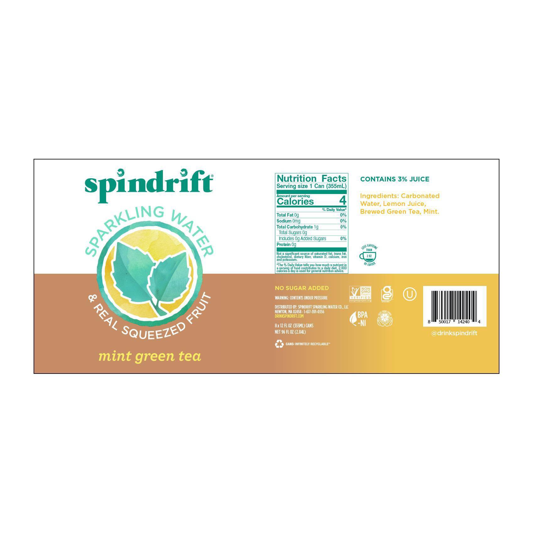 Spindrift Mint Green Tea Sparkling Water - 8pk/12 fl oz Cans 8 ct; 12 ...