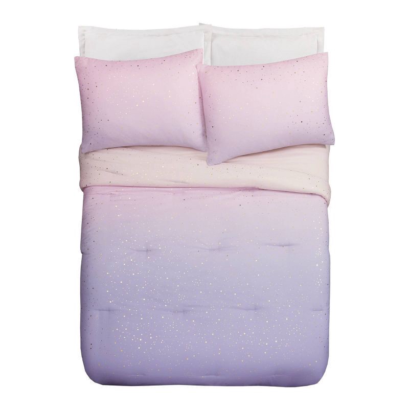 Full/Queen Teen Ombre Foil Dot Comforter Set Pink/Blue/Metallic Gold ...