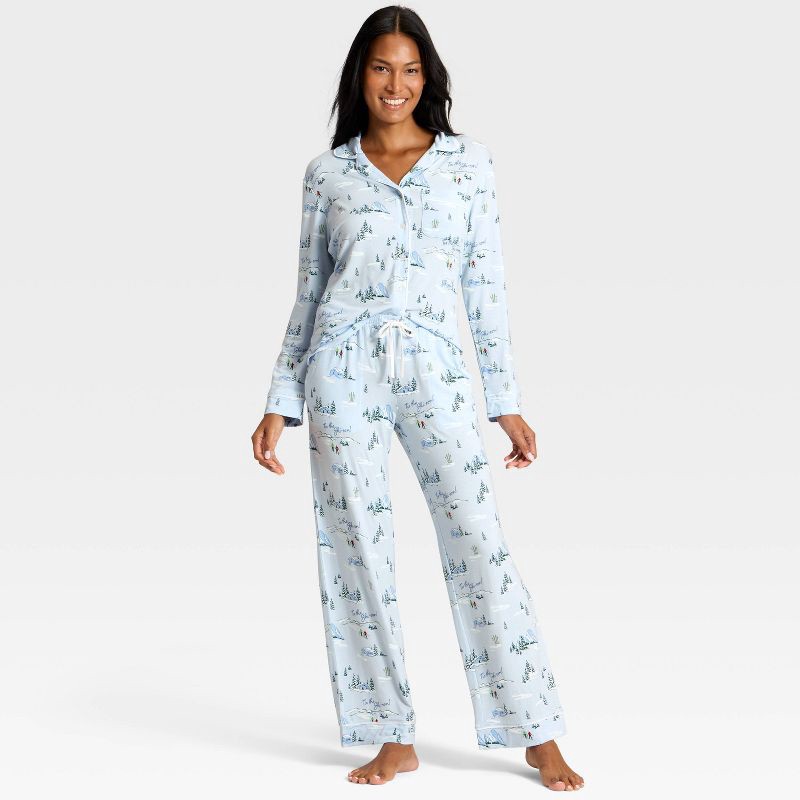 Women's Cloud Knit Modal Long Sleeve Notch Collar Top and Pants Pajama ...