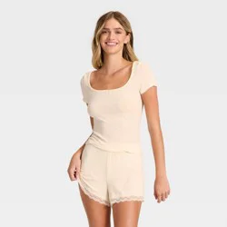 Women's Ribbed Short Sleeve Shirt and Shorts Pajama Set - Auden™ Cream ...