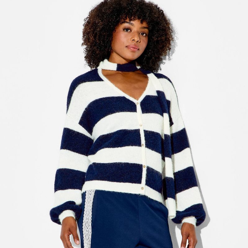 Women's Long Sleeve V-Neck Cardigan - Wild Fable™ Navy Blue Striped XXS ...