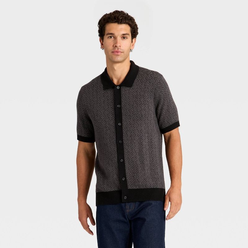 Men's Short Sleeve Full Button Polo Sweater - Goodfellow & Co™ Black ...