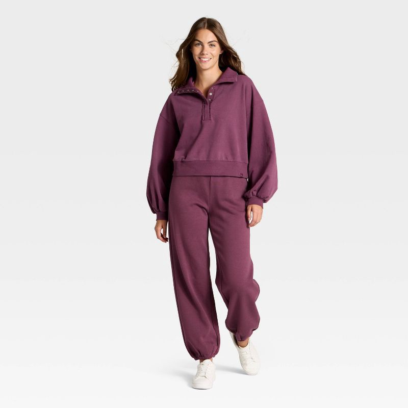 Women's Henley French Terry Sweatshirt - JoyLab™ Plum Purple L 1 ct | shipt